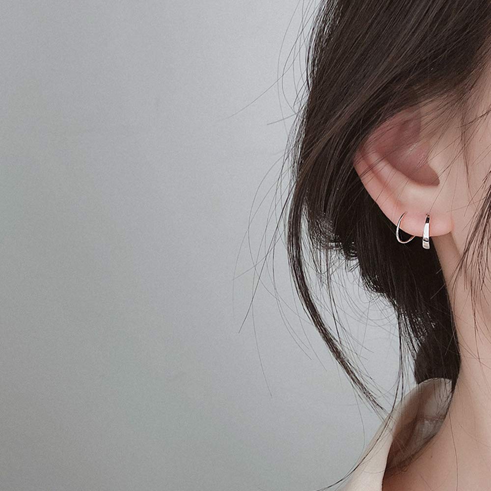 Minimalist Ear Climber Crawler Cuff Earrings for Women Sterling Silver Cartilage Ear Piercing Wrap Earring Studs Hypoallergenic (White Gold)