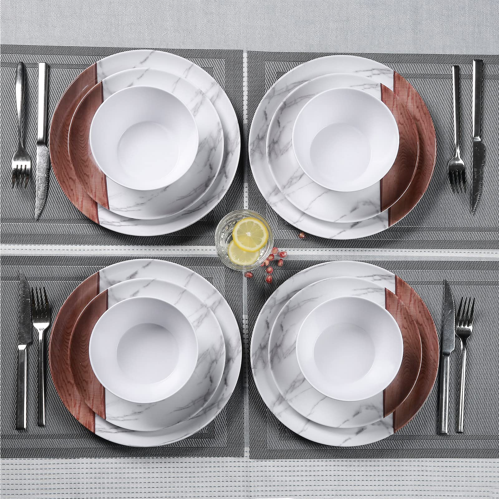 Melamine Dinnerware Sets for 4, 12-Pieces Plates and Bowls Sets, Unbreakable BPA Free, Suitable Indoors and Outdoors, Marble and Wood Color