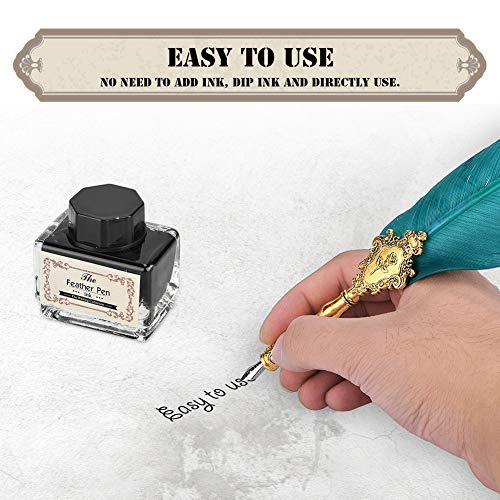 Quill Pen Feather Pen, Handmade Antique Calligraphy Pen Set, Writing Quill Pen with 5 Replacement Nibs & Empty Ink Bottle, Stationery Gift Come with Gift Box
