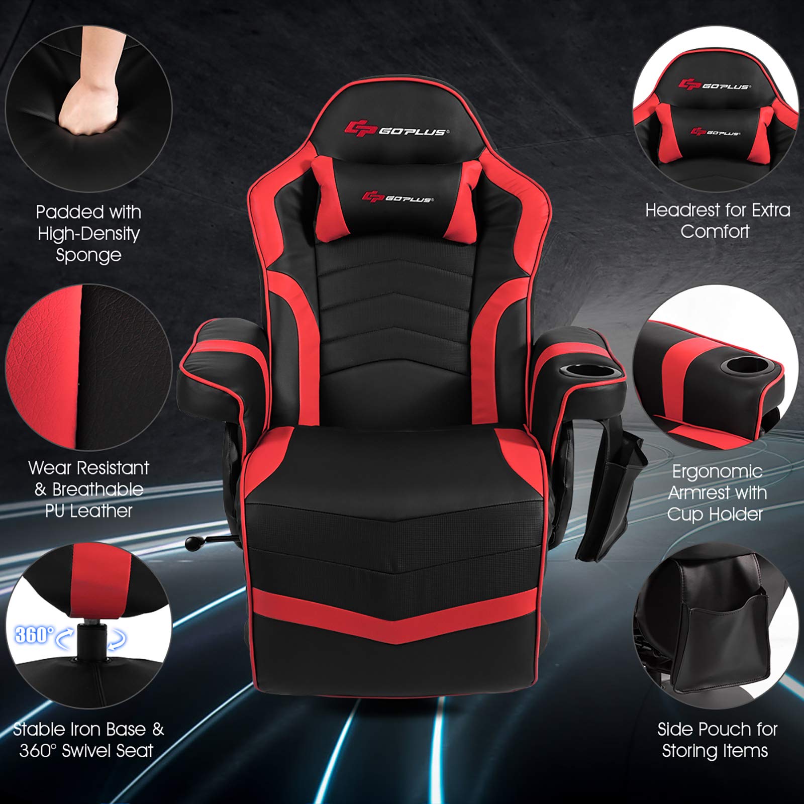 POWERSTONE Gaming Recliner Massage Gaming Chair with Footrest Ergonomic PU Leather Single Sofa with Cup Holder Headrest and Side Pouch, Adjustable Living Room Chair Seating, Red