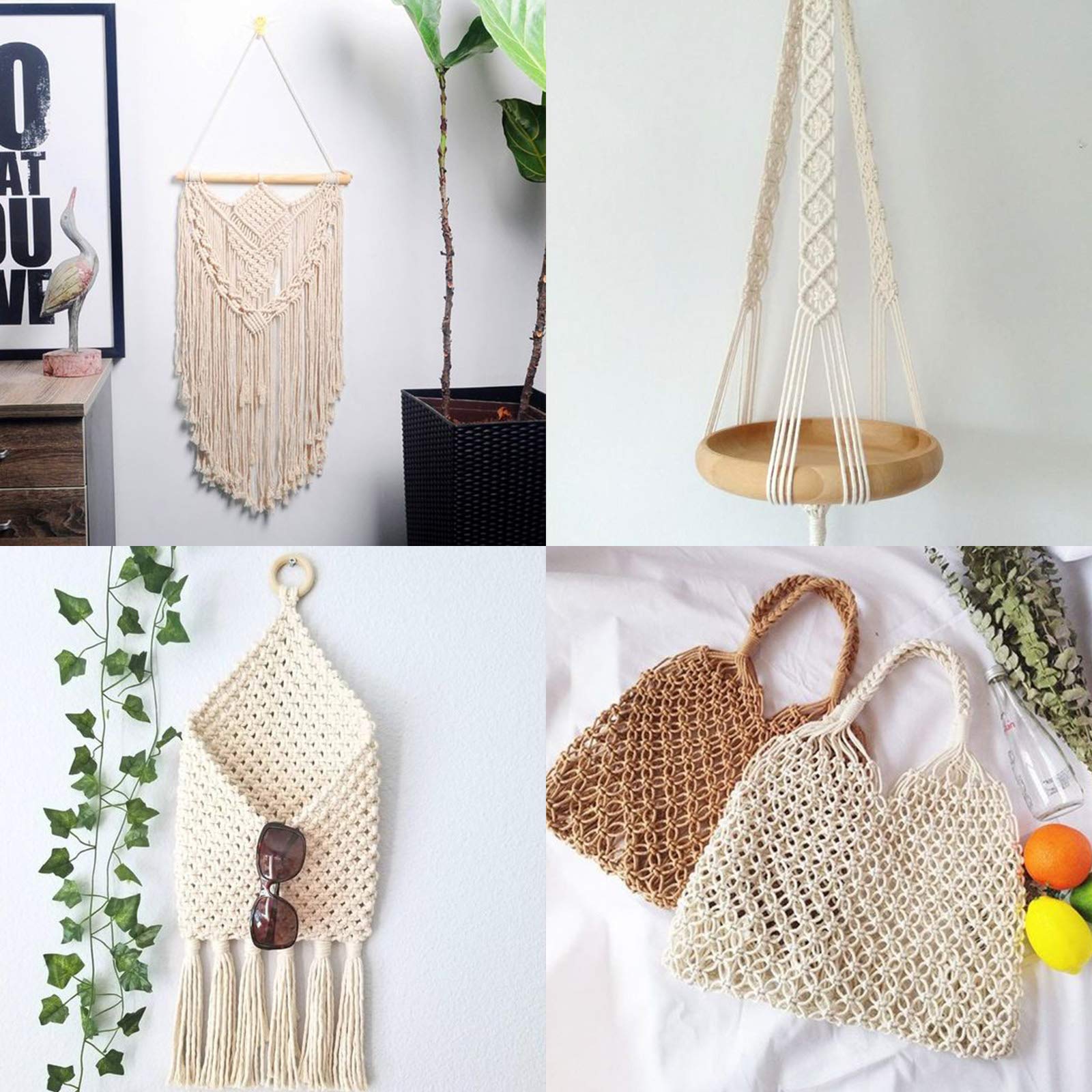 QUEFE Macrame Cord 3mm x 437 Yard, Natural 4 Strand Cotton Macrame Rope for Wall Hanging, Plant Hangers, Knitting, Decorative Projects