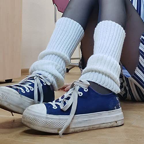 VINMEN Women's Harajuku Lolita Leg Warmers Kawaii Knit Long Ankle Socks Fall Winter Heap Sock (A White ), Free Size