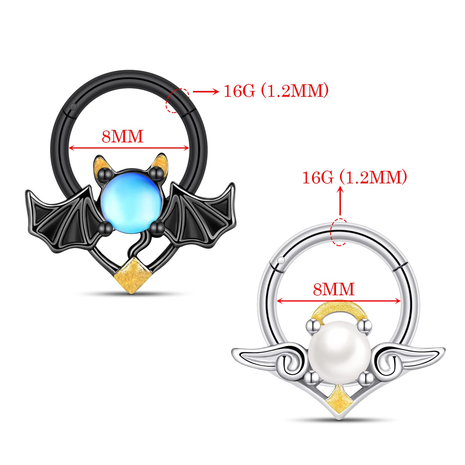 Stuppendux 2pcs 16G 1.2MM Stainless Steel Angel and Demon Piercing Septum Rings Pierced Nose Ear Cartilage Ring Couple Style Diameter 10mm