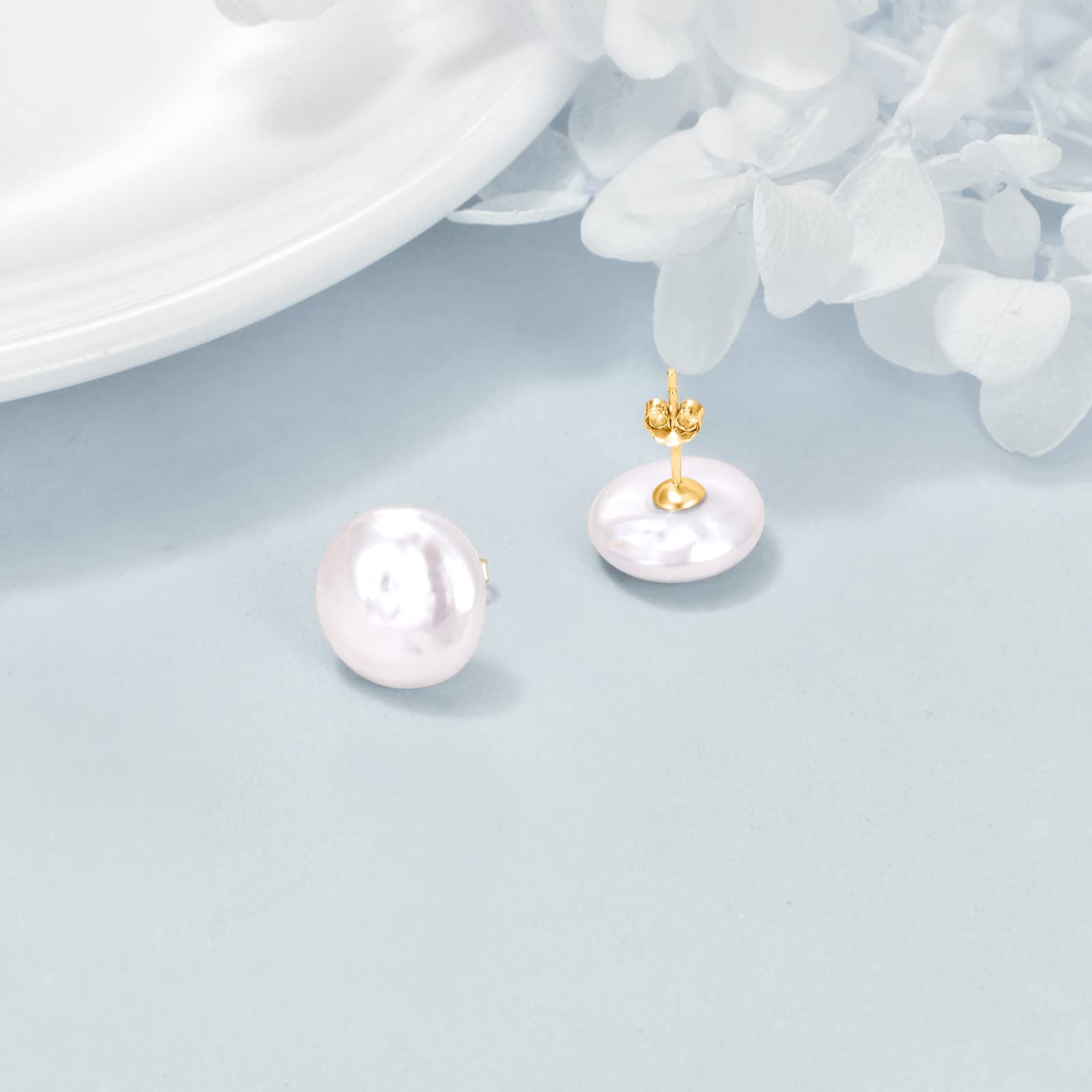VINSMOK-Baroque Freshwater Pearl Earrings 925 Sterling Silver Women's Gold Plated Pearl Stud and Dangle Earrings (Round Pearl, Silver)