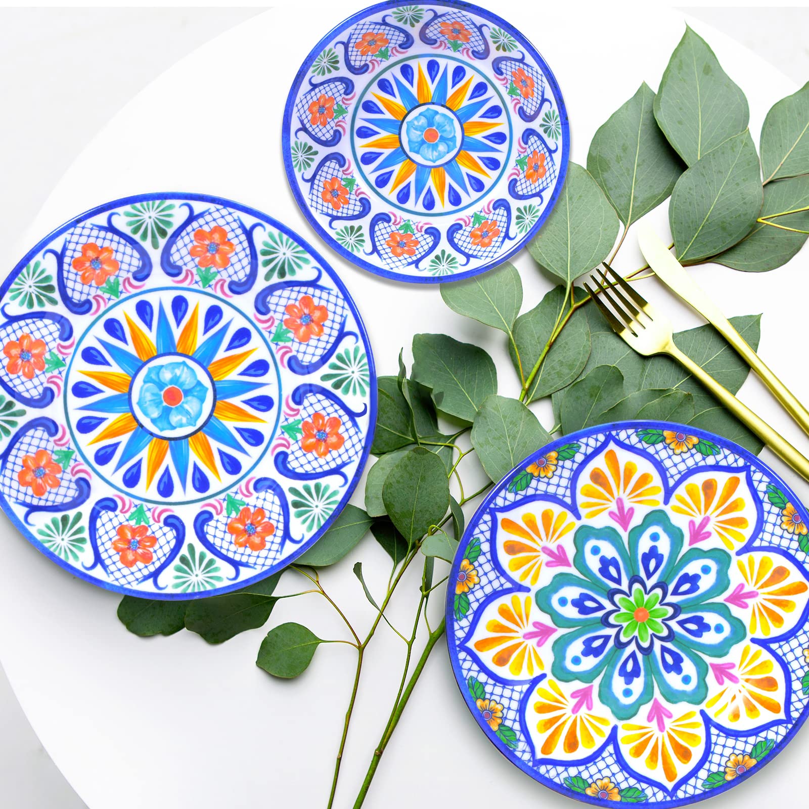 Melamine Dinnerware sets: Bisphenol A-free,Dishwasher Safe dinnerware sets,Non-breakable melamine plates,Service for 4 (12pcs) plates and bowls sets Ideal for indoors and outdoors Picnic, Camping.