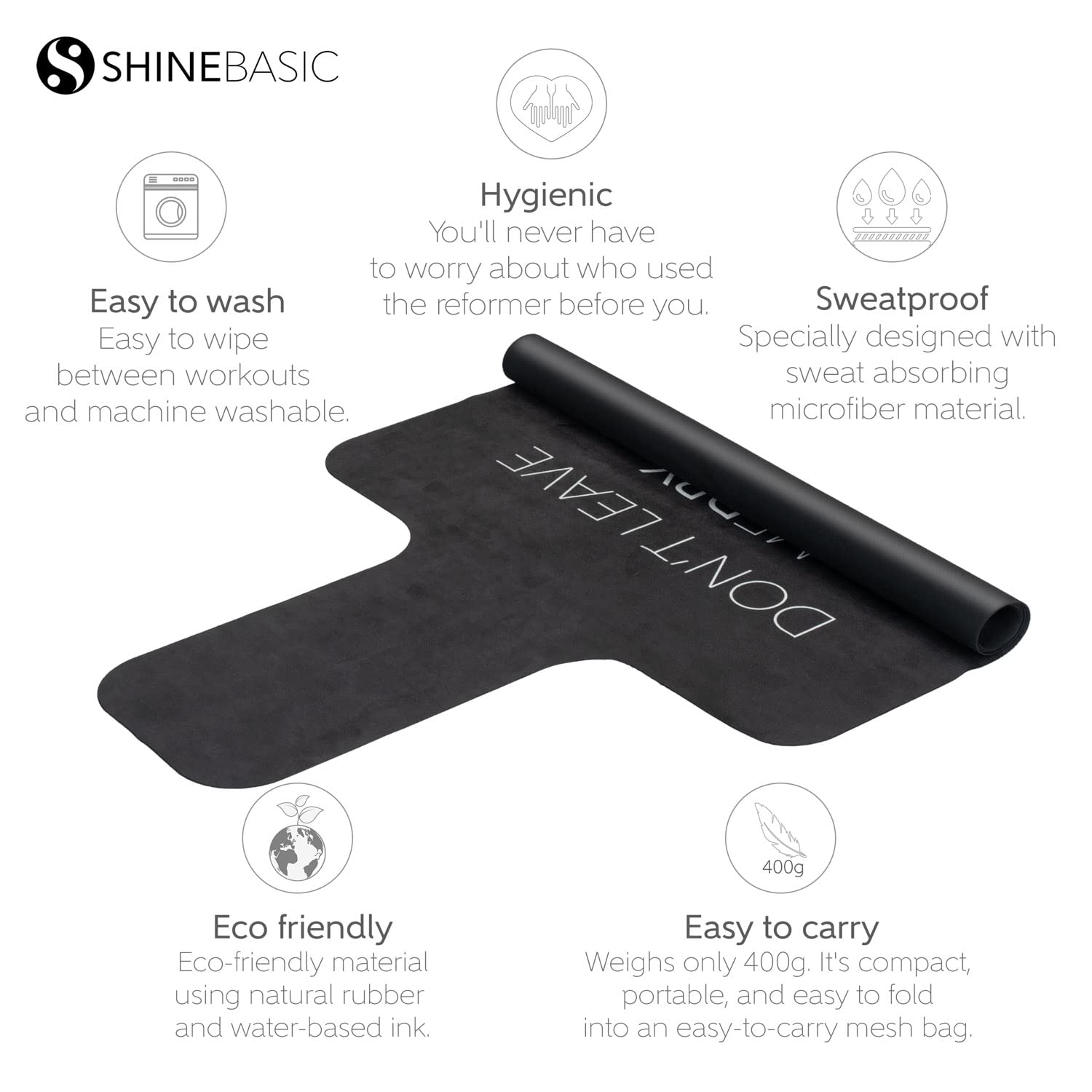 Shine Basic Pilates Reformer Mat - Extra Thin Material, Sweat Absorbing and Anti-Slip for Body Balance - Workout Cover Towels, Gym Studio Accessories, Professional Mats Equipment β 38.1"x22", Black