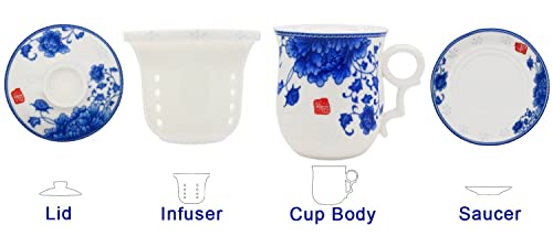 Tea Talent Porcelain Tea Cup with Infuser Lid and Saucer Sets - Chinese Jingdezhen Ceramics Coffee Mug Teacup Loose Leaf Tea Brewing System for Home Office