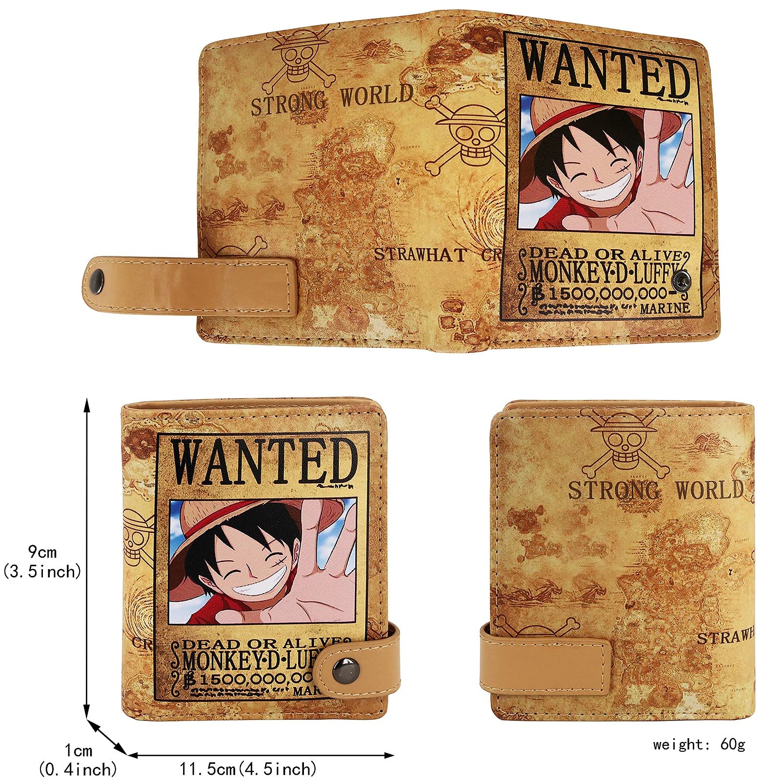 Roffatide Anime Luffy Wallets for Boys Bi-Fold Short Faux Leather Wallet Travel Slim Wallet with Zip Coin Pocket Khaki