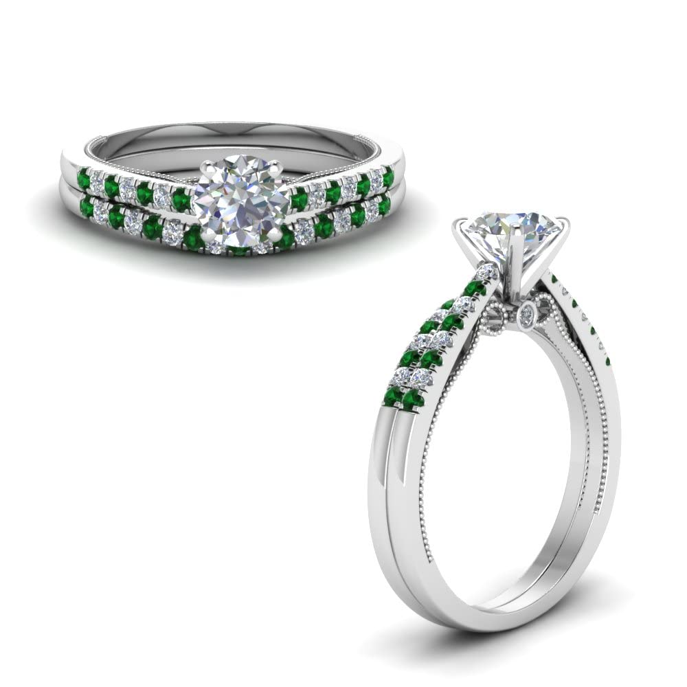 Vintage 2.8 Ct Round Cut White & Green Diamond Solitaire Milgrain Wedding Ring Set in 925 Sterling Silver White Gold Finish (Silver, 6.5)
