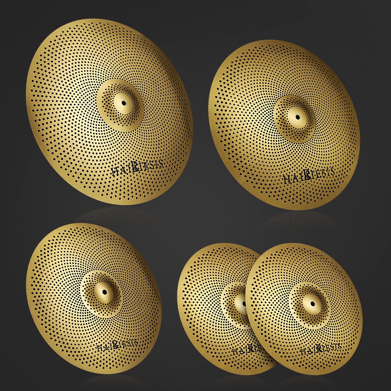 Silent Low Volume Cymbal Set 70%-80% Cymbal Set 14'Hi-Hat+16"Crash+18'Crash+20"Ride 5 pieces of Golden Drummer Practice Cymbals
