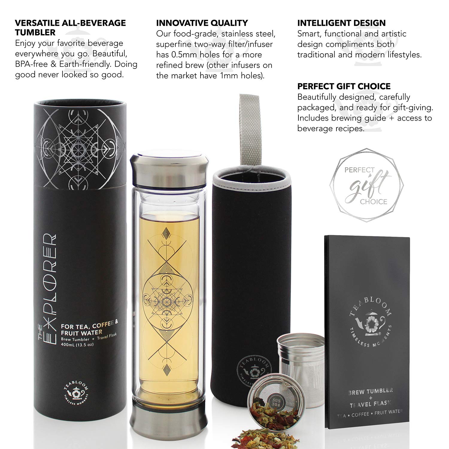 Teabloom All-Beverage Infusion Bottle β 14 oz / 400 ml β Double Wall Insulated Glass Travel Flask β Hot Tea & Cold Brew Coffee Thermos β Removable Sleeve