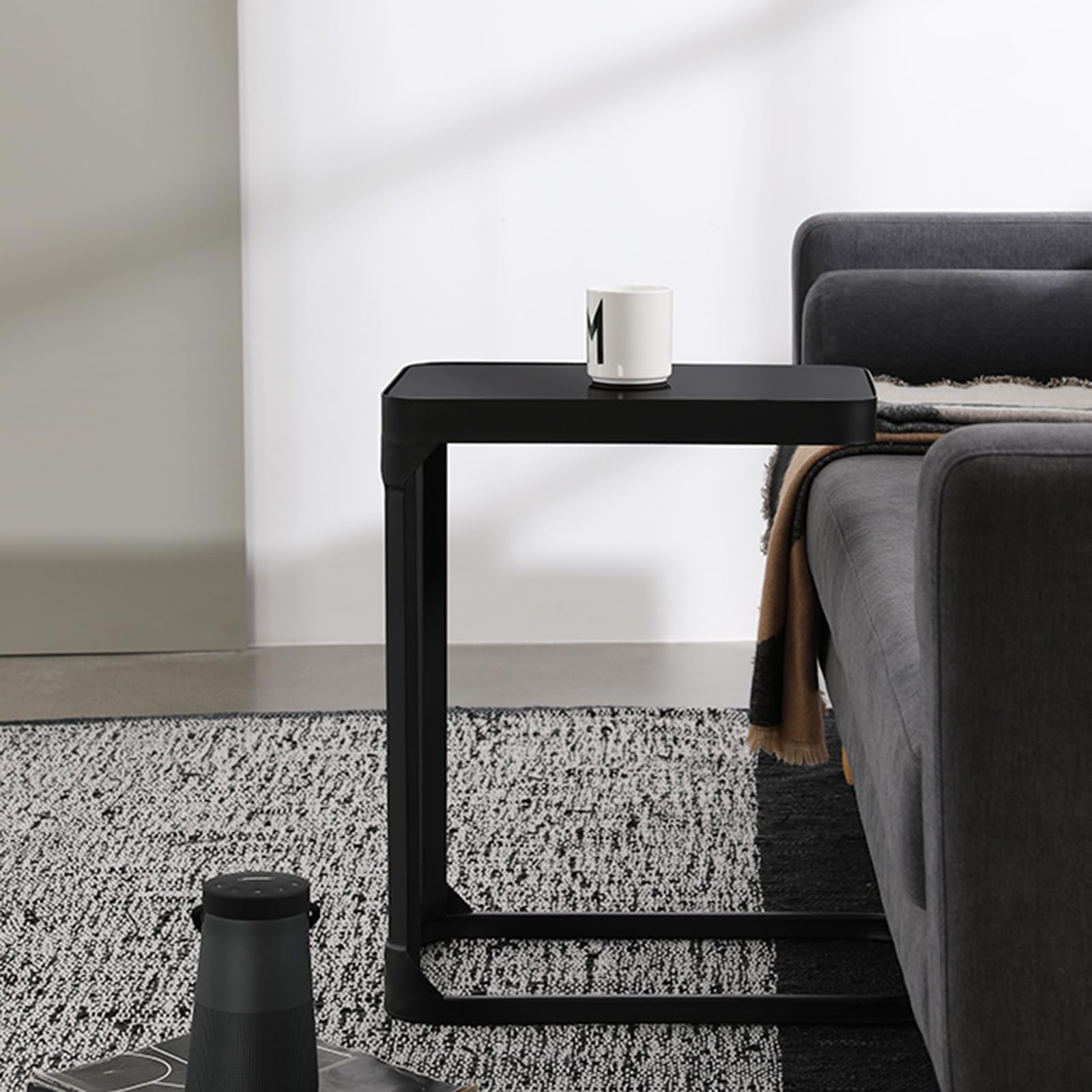 Middai End Table C-Shaped, Living Room Narrow Side Tables 20D X 12W X 22" H, Black Tempered Glass Top, Bedside Snack Table(Size:50 * 30 * 55CM,Color:Black)