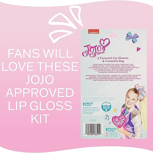 Taste Beauty Zippered JoJo Siwa Bag with Fruit-Flavored Lip Gloss Set, Pack of 3 Lip Gloss Tubes