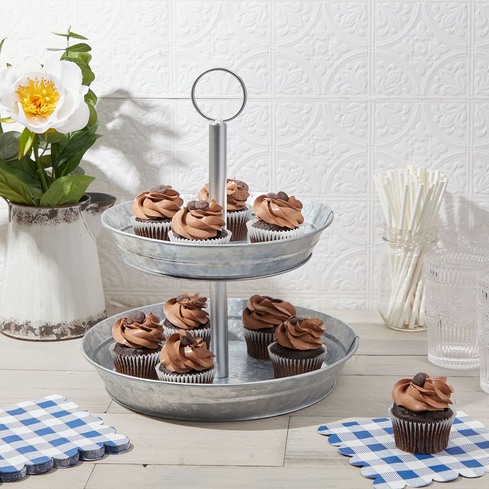 Rustic 2 Tier Galvanized Serving Tray, Farmhouse Kitchen Decor (12 x 13.5 In)