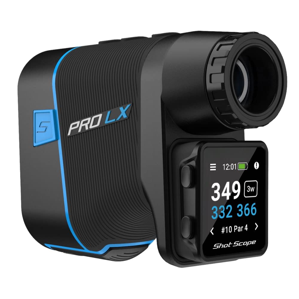 Shot Scope PRO LX+ Laser Rangefinder with Shot Tracking (Orange) - F/M/B Green and Hazard Distances - 100+ Statistics Including Strokes Gained - Adaptive Slope Technology - Red and Black Dual Optics