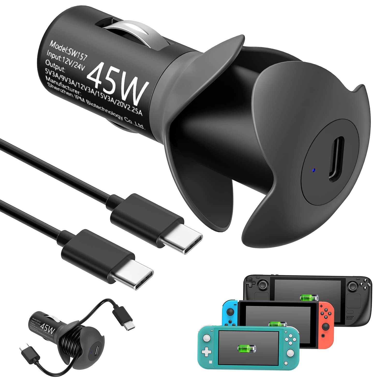 USB C Car Charger,45W Fast Type C Car Charger Adapter PD 3.0 Port with Cable Management,Compatible with Steam Deck/Nintendo SWitch/Switch OLED/USB C Phones and Tablets with 3.9FT Type C Charging Cable