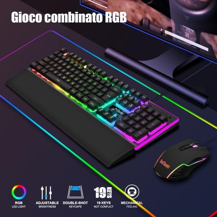 RedThunder K10 Wired Gaming Keyboard and Mouse and Wrist Rest Combo, RGB Backlit, Mechanical Feel Anti-ghosting Keyboard + 7D 7200 DPI Mice+Soft Leather Wrist Rest 3 in 1 PC Gamer Accessories(Black)