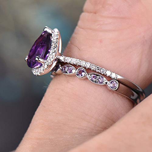 Sdouefos 2Pcs Womens Purple CZ Engagement Rings 925 Sterling Silver Shining Amethyst Ring Tear Drop Shape Cubic Zirconia Promise Rings Set(US Code 9)