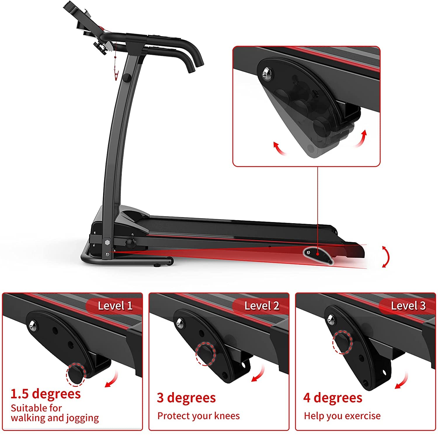 Treadmill Foldable Treadmill for Home Electric Treadmill with Incline Workout Running Machine 3-Level Manual Small Treadmill for Home & Office & Gym
