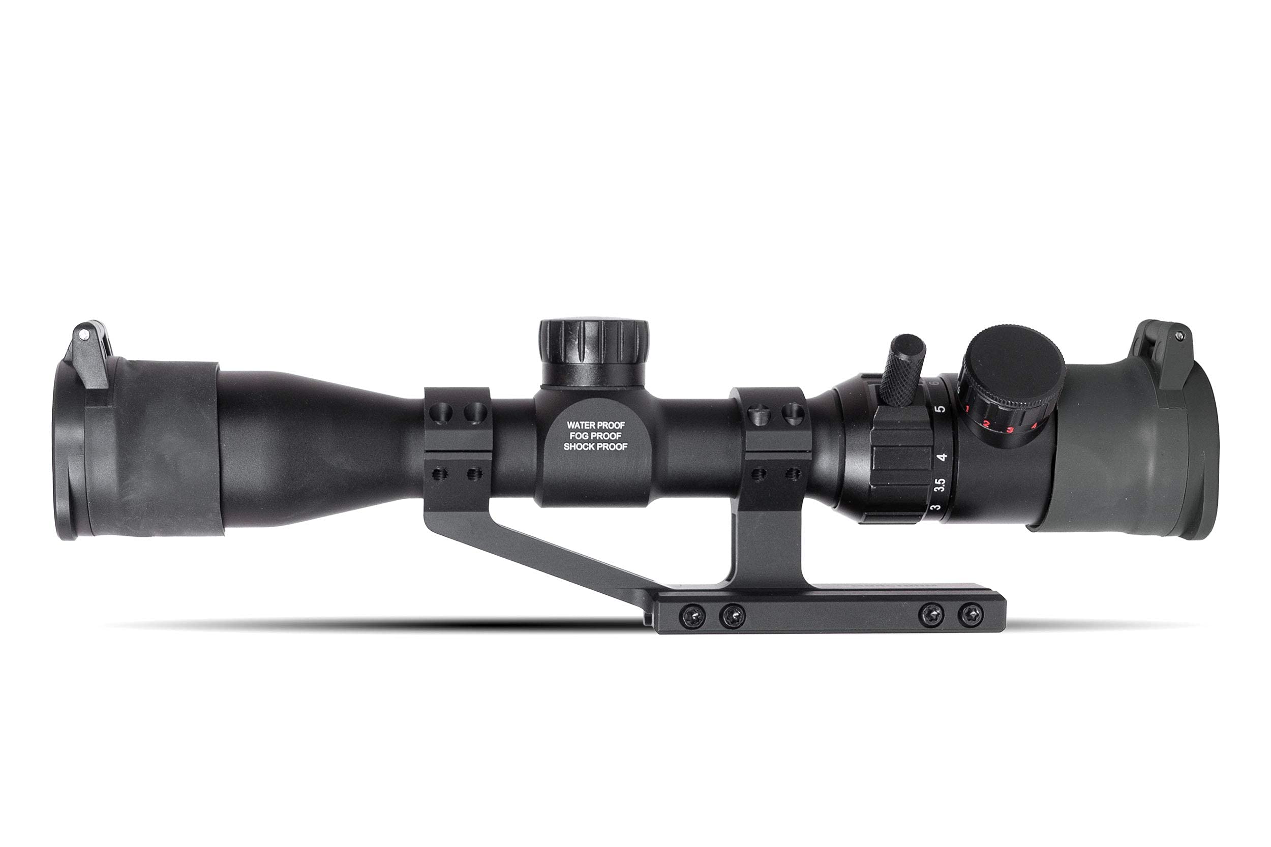 Monstrum 3-9x32 AO Rifle Scope with Illuminated Range Finder Reticle and Parallax Adjustment | ZR255 H-Series Offset Scope Mount | Monstrum Flip Up Lens Cover Set | Bundle