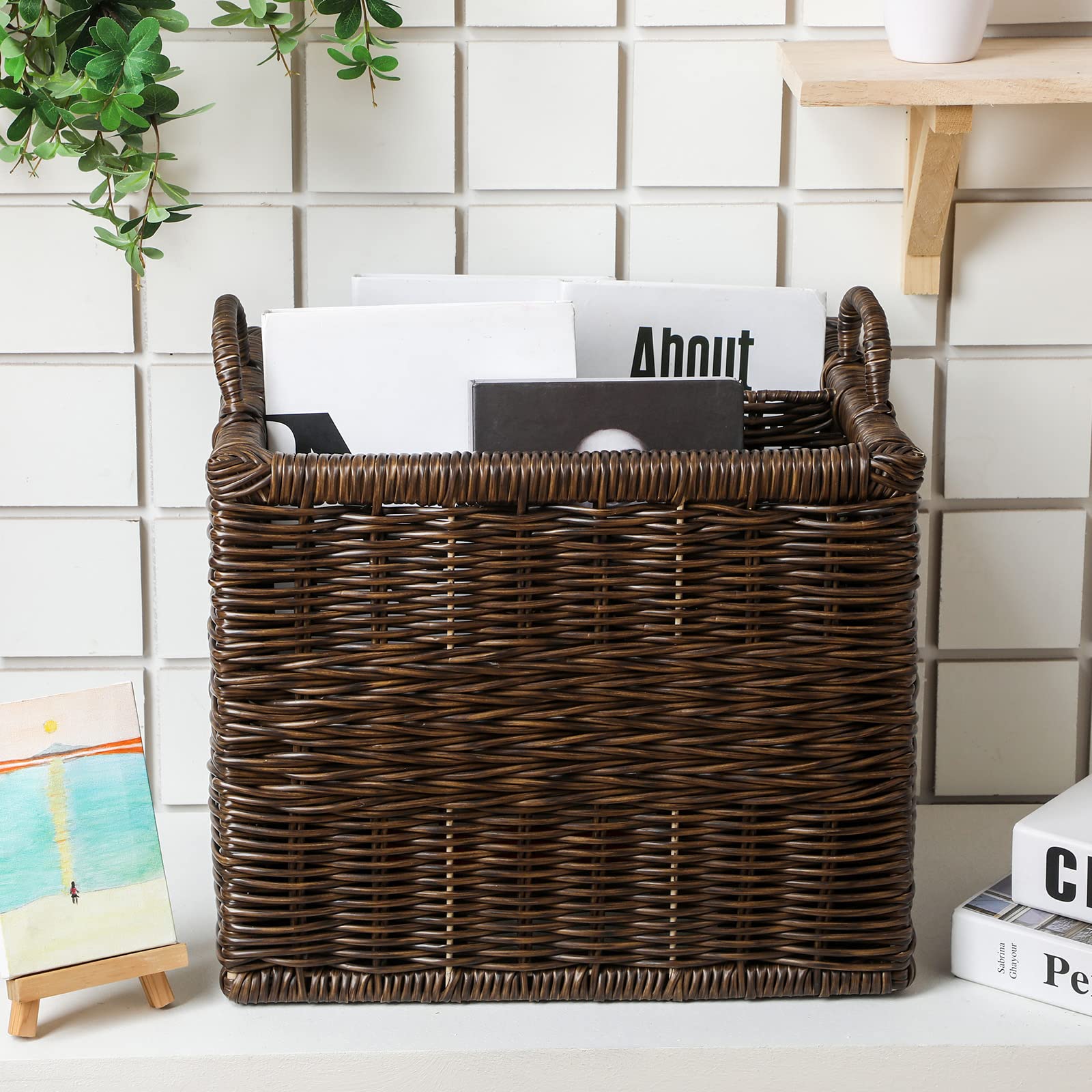 Qunclay Magazine Basket Wicker Divided Magazine Basket Rectangular Wicker Newspaper Holder, 15.4 x 12 x 12.6 Inch (L x W x H), Antique Walnut Brown