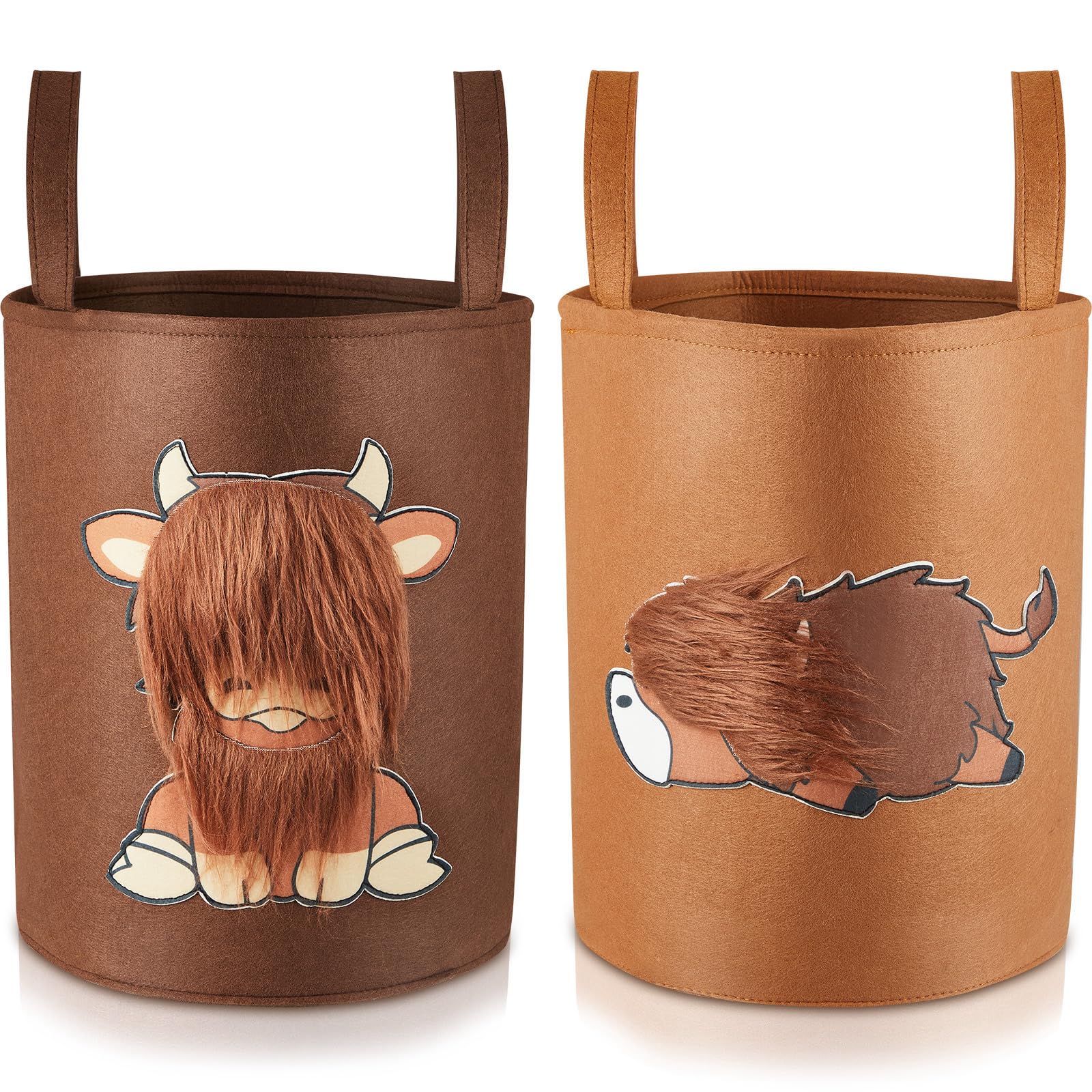 Preboun 2 Pcs Felt Highland Cow Basket with Handles, Scottish Cattle Storage Bin, Decorative Portable Nursery Hamper, Long Hair Farm Animal Laundry Room Organizer for Closet Shelf Nursery Bedroom