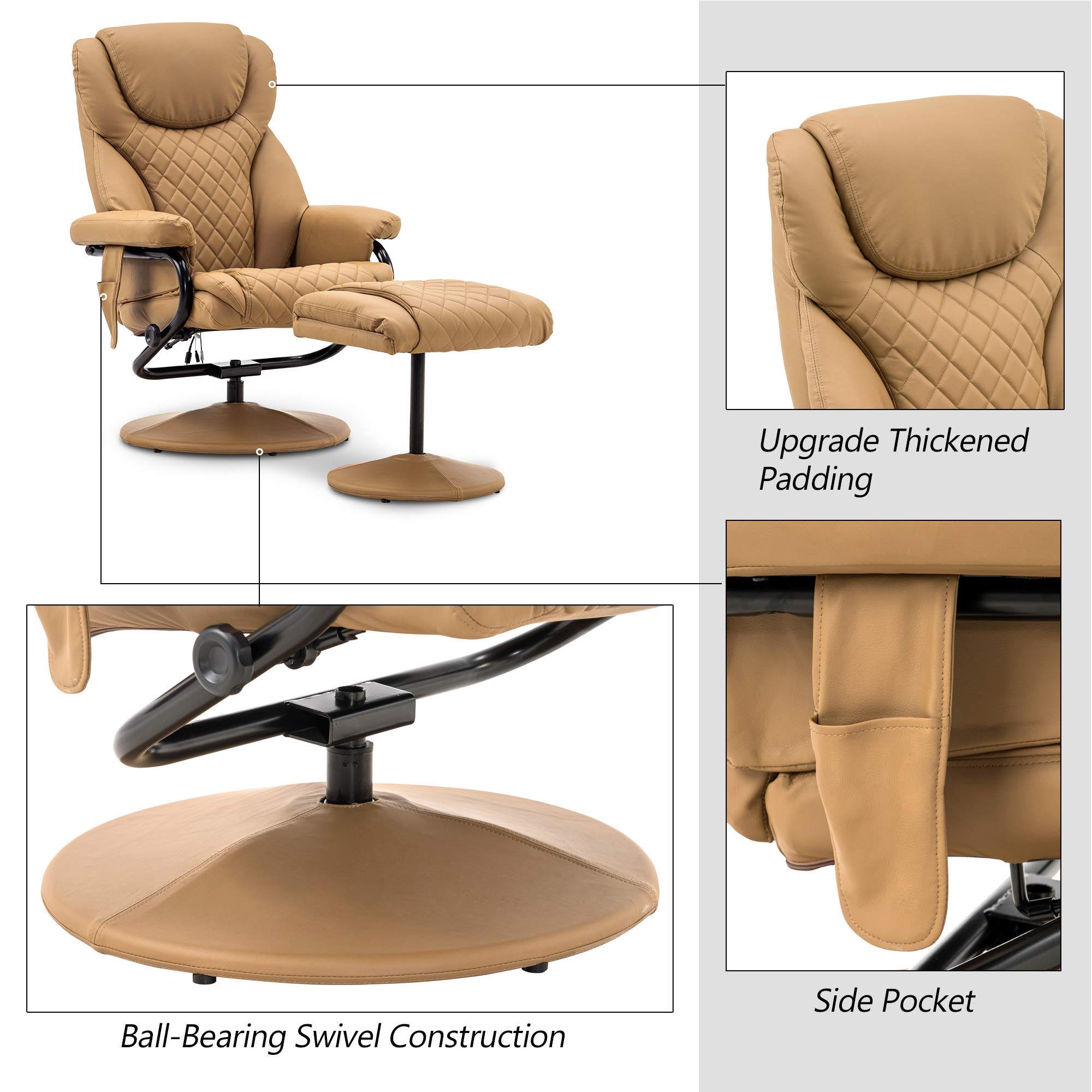 MCombo Recliner with Ottoman, Reclining Chair with Massage, 360 Swivel Living Room Chair Faux Leather, 4901 (Cognac)