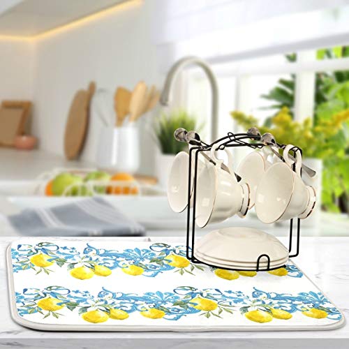 Tamniee Lemons Dish Drying Mat Yellow Blue Kitchen Dry Mats Decor Absorbent Baby Bottle Pad for Home Counter Drainer Countertops, 16x18in (g69531602p523c558s1113)