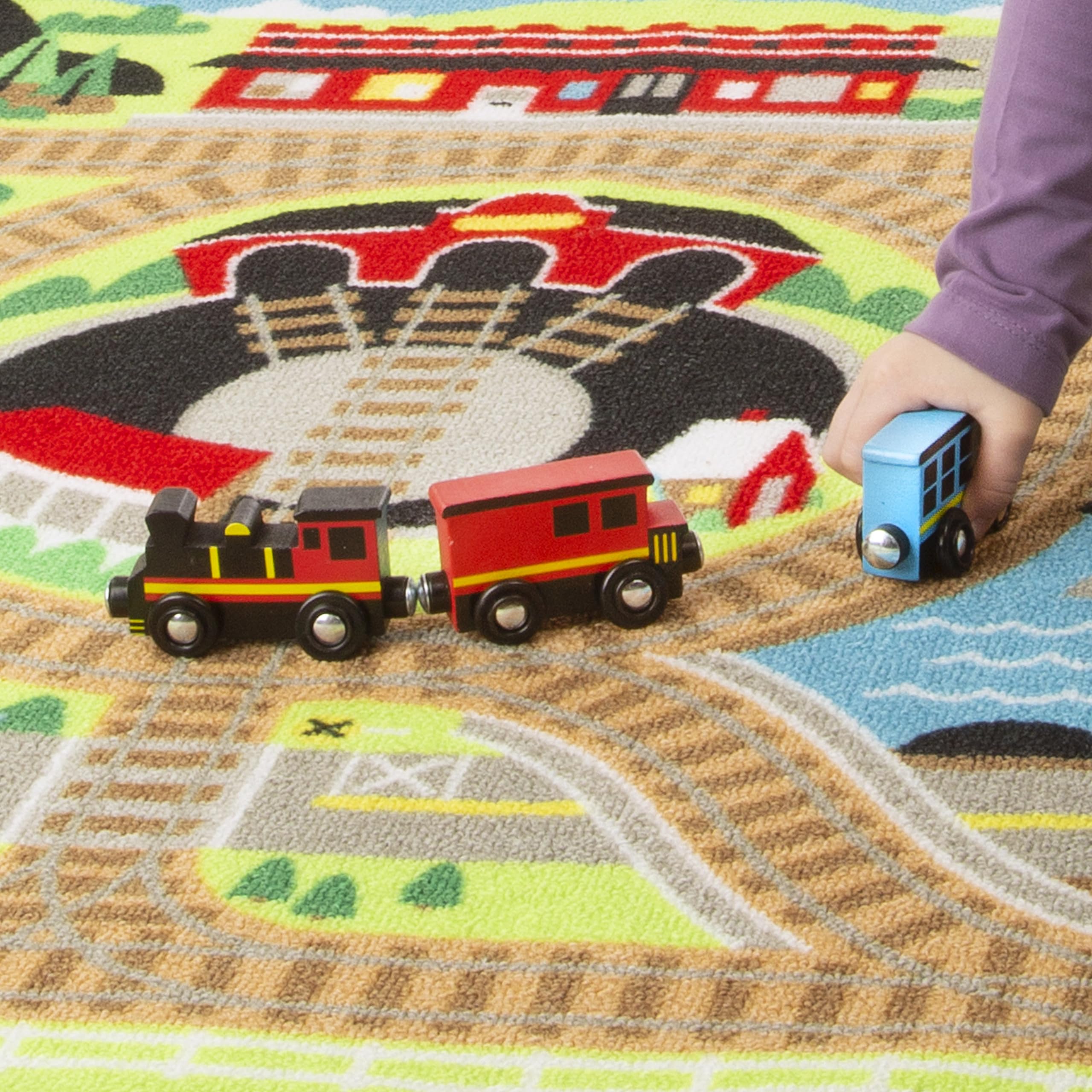 Melissa & Doug Round the Rails Train Activity Play Rug, 3 Wooden Train Cars (39" x 36")