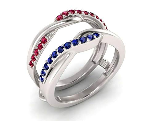 Sea Of Jewels Created Round Cut Ruby & Sapphire Gemstones In 925 Sterling Silver 14K White Gold Over Diamond Enhancer Guard Wedding Ring for Women's