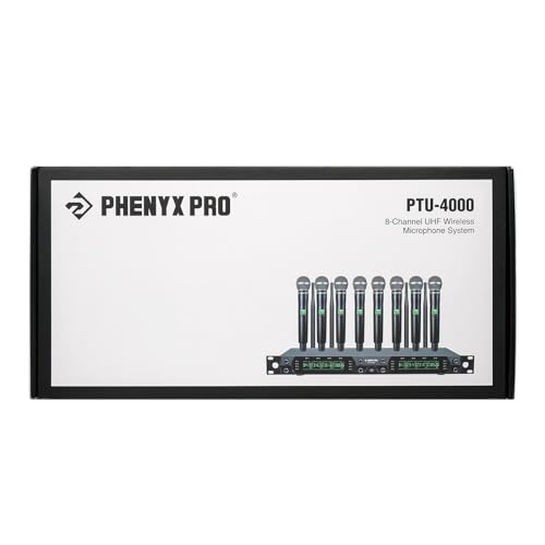 Phenyx Pro Wireless Microphone System, 8-Channel UHF Cordless Mic with Metal Handheld Wireless Mics, Fixed Frequency Dynamic Microphone for Karaoke,Church,Singing,DJ,260ft Range (PTU-4000-8H)