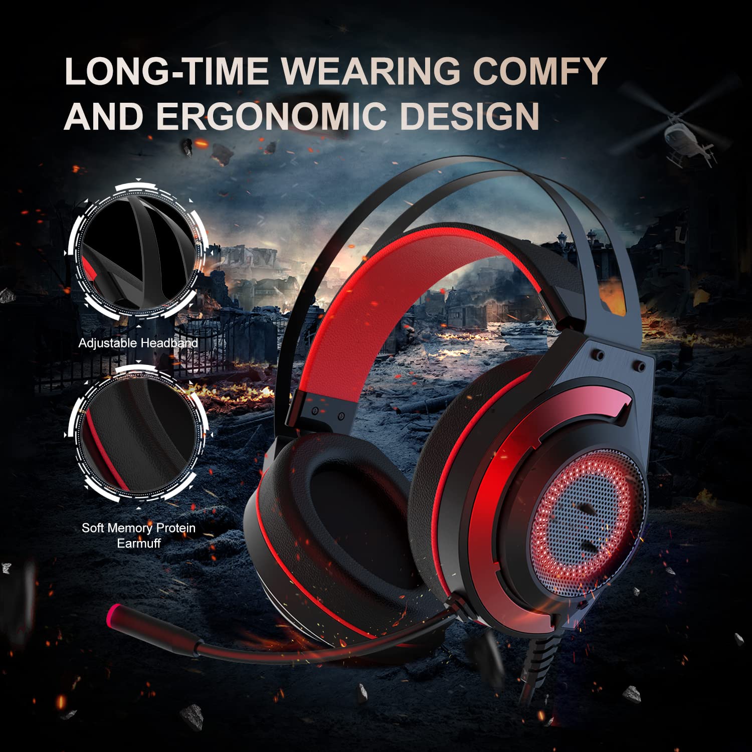 USOTSO Newest Gaming Headset Over-Ear Headphones with Noise Cancelling Mic LED Light for PC Mac Computer Gamers