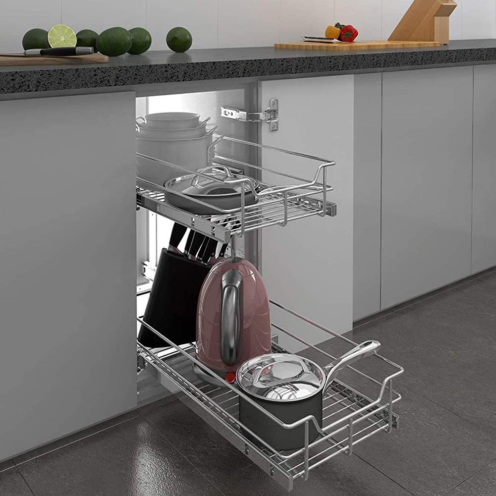 STORKING 2 Tier Kitchen Cabinet Pull Out Organizer, Slide Out Pantry Storage Basket in Multiple Sizes,for Kitchen Base Cabinets,Anti-Rust Chrome-Plating,11 "Wx 22 "D x 15.4 "H