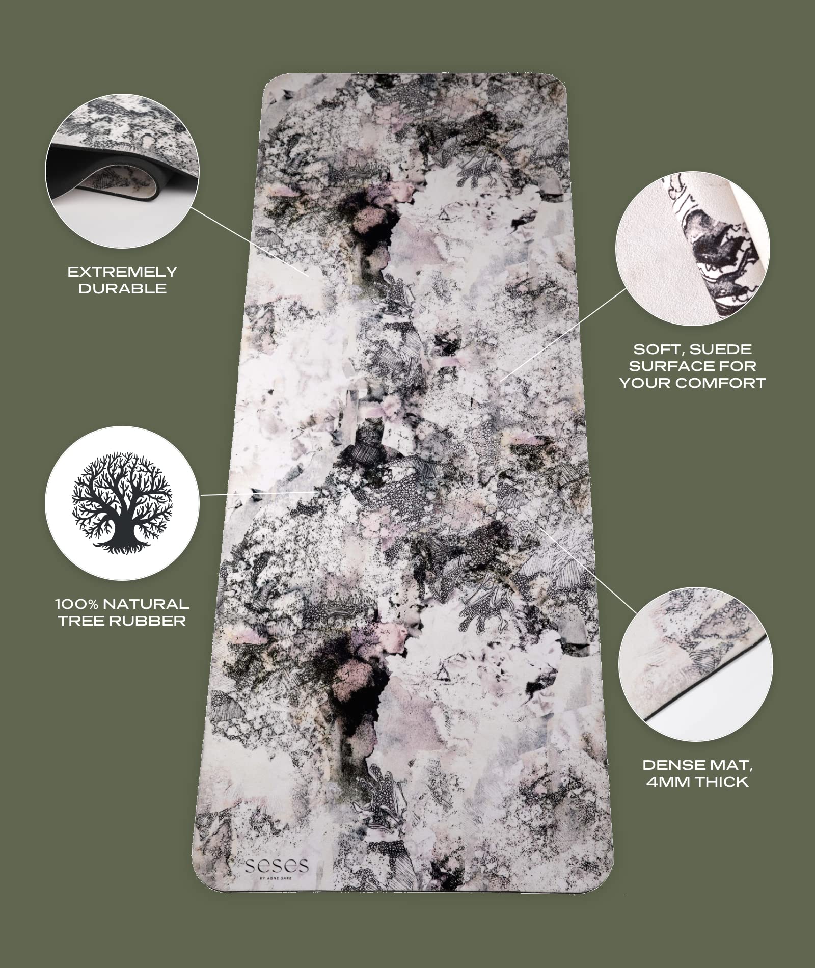 SESES Flow Like Water Vegan Suede Yoga Exercise Mat. Free Handmade Macrame Strap