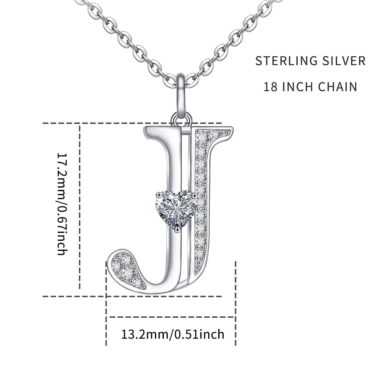 Sianilvera Jewelry Sterling Silver Initial Letter Alphabet Love Heart Cubic Zirconia Pendant Necklace J