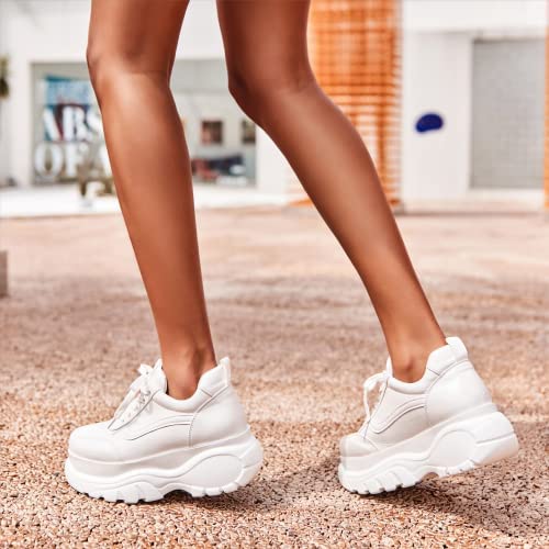 READYSALTED Platform Sneakers for Women Fashion Chunky Sneakers Casual Lace Up Walking Sneakers(BLOWN1-White-11)
