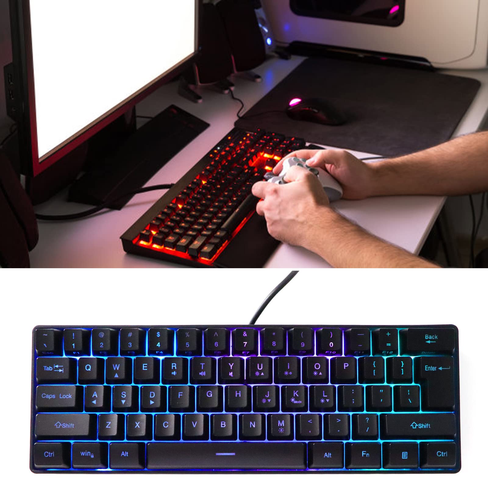 Zyyini Gaming Keyboard, 61 Keys RGB Wired Computer Keyboard, FN Combination Shortcut Keys, 5 Level Adjustment Light, Ergonomic Mechanical Feel Keyboard for Windows