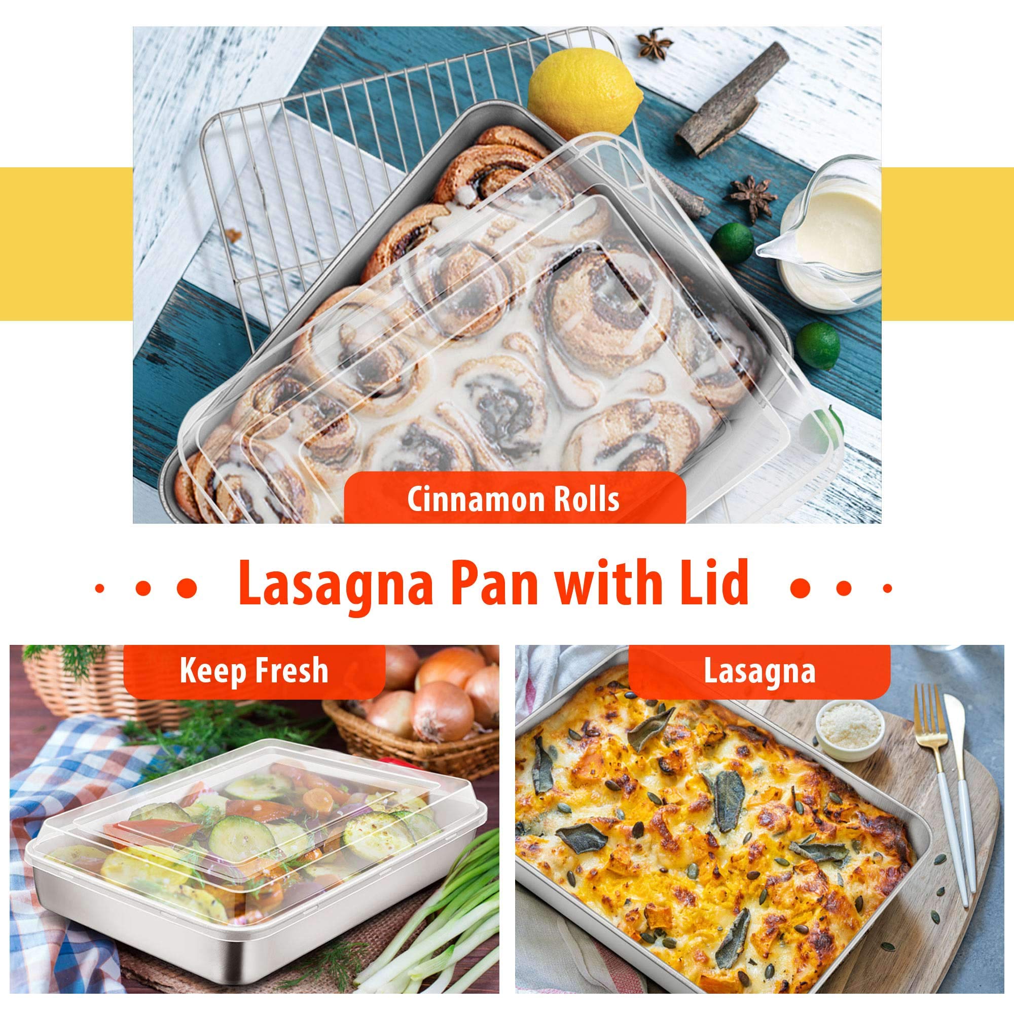 TeamFar Bakeware, Stainless Steel Bakeware Set with Baking Sheet and Rack, Lasagna Pan with Lid, Square & Round Cake Pan with Lid, Muffin Pan & Loaf Pan, Pizza Pan, Healthy & Dishwasher Safe
