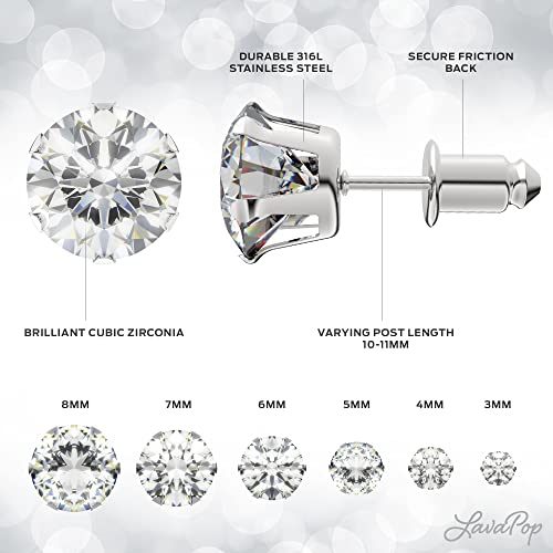 Set of 6 Cubic Zirconia Stud Earrings, Hypoallergenic Stainless Steel CZ Earrings (8-3 mm, Silver)