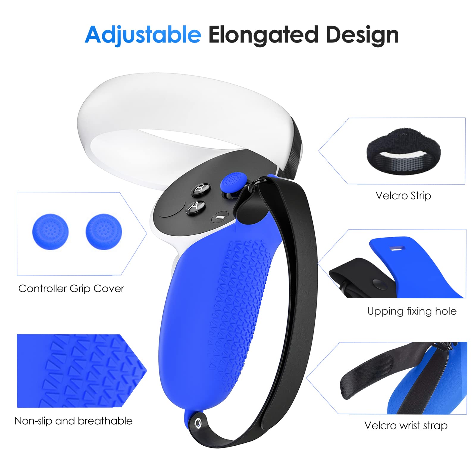 YRXVW Controller Grips Cover for Oculus Quest 2, Silicone Hand Grips Unibody Design with Adjustable Knuckle Strap Accessories Compatible with Quest 2 (Blue)