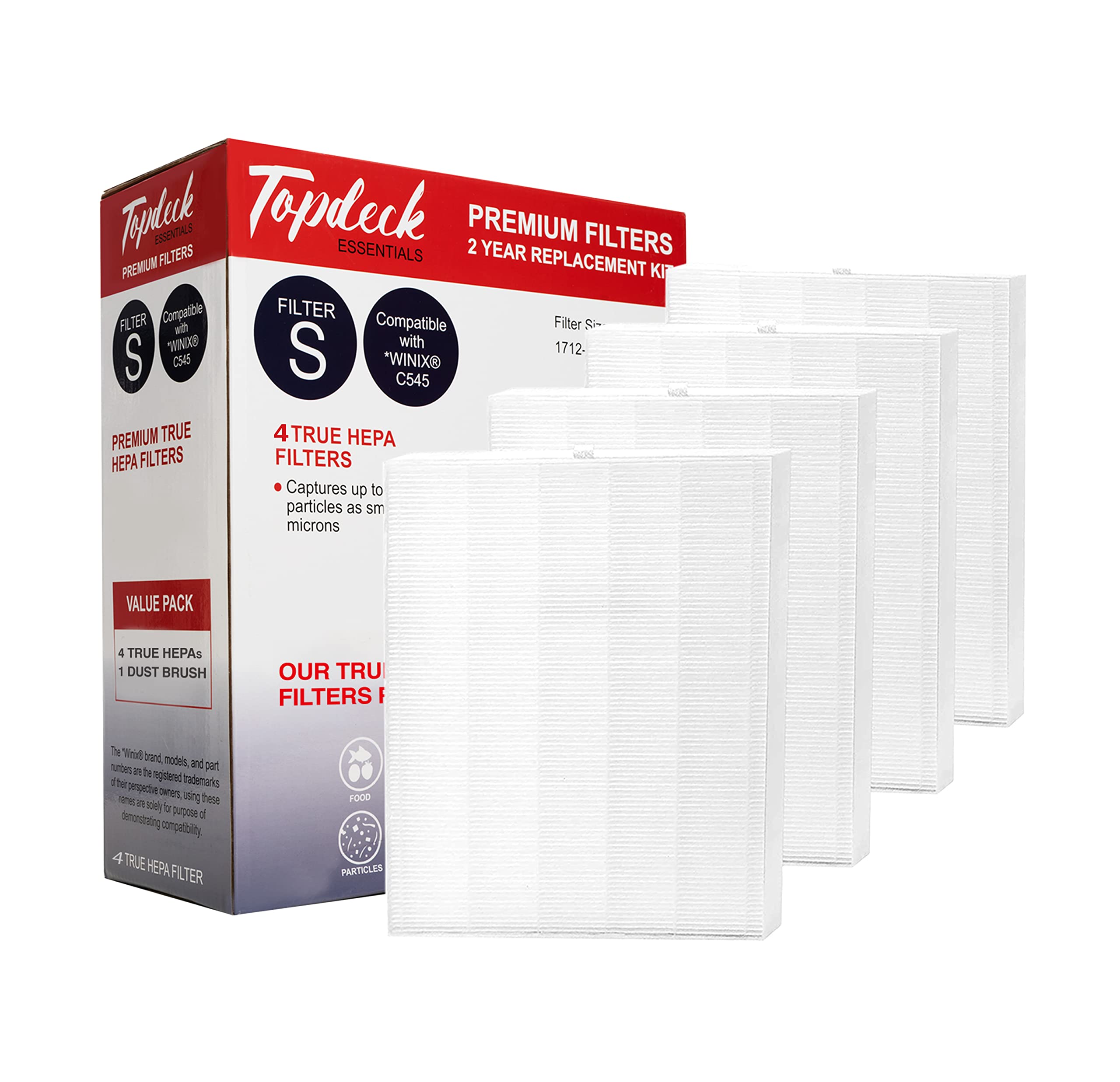 Topdeck ESSENTIALS 4-Pack C545 Replacement HEPA Filters Compatible with WINIX C545 Air Purifier, 4 True HEPA Filters, Filter S, Part number 1712-0096-00.