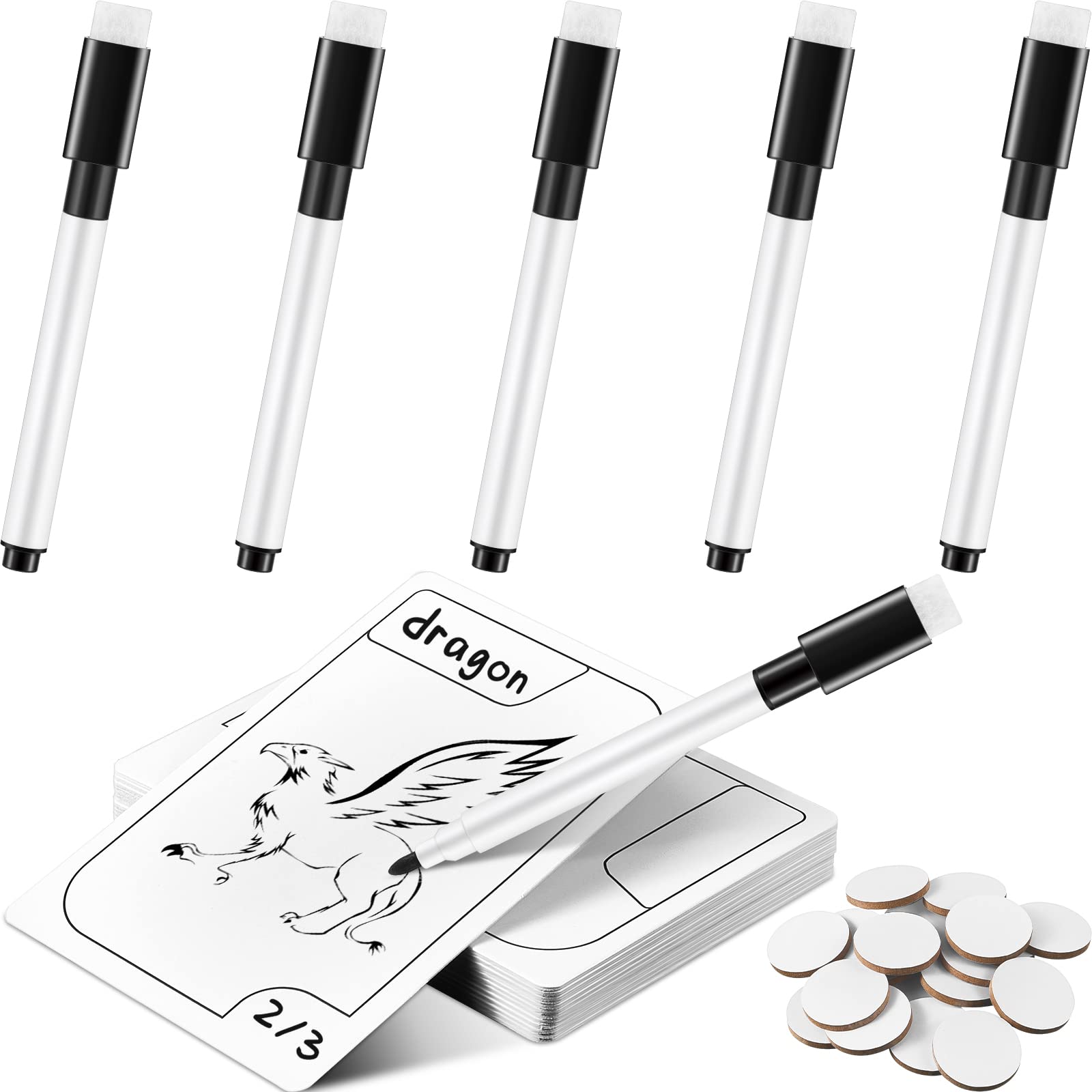 Teling 24 Pcs Reusable Cards Multifunctional Tokens Dry Erase Cards White Blank Flash Cards Erasable Index Cards, 24 White Erasable Plastic Counters Gaming Tokens Discs and 5 Marker Pens for Game