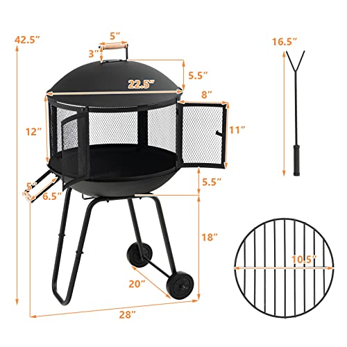 Tangkula Portable Fire Pit with Wheels, 28 Inch Wood Burning Fire Pit with Log Grate, Poker, Rolling Patio Fireplace Wooden Bonfire Firepit for Outdoor Entertaining Black