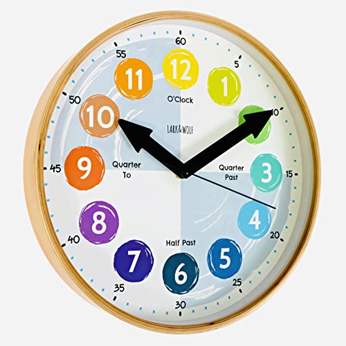 Telling Time Teaching Clock for Kids Learn to Tell The Time 12" Wooden Frame, Analog Silent nonticking Kids Room, Playroom Decor, Classroom Clock. Homeschool Learning Resource. Learning Time Resource