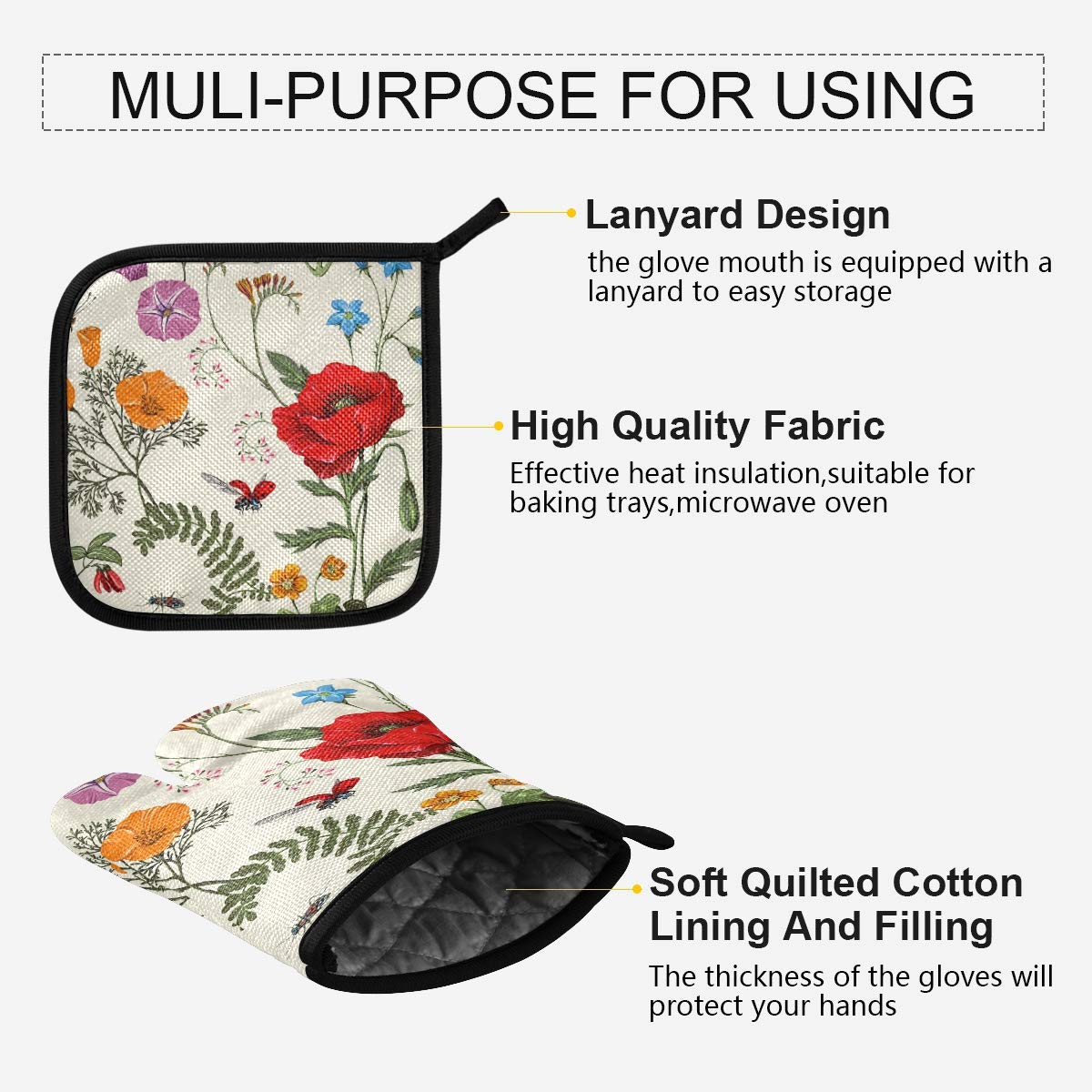 Oven Mitts and Pot Holder Oven Gloves Plants Flowers and Butterflies Provence Style Non Slip Hot Pads Insulation Gloves Heat Resistant Kitchen Set for Cooking Baking Grilling BBQ