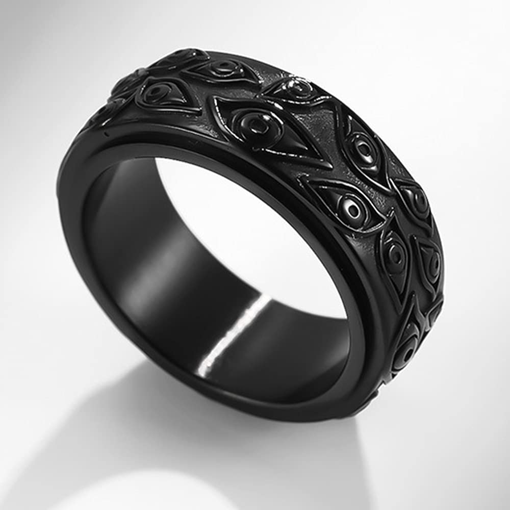 Stainless Steel Evil Eye of God Rotating Spin Style Wedding Band Halloween Biker Ring (Black, 10)