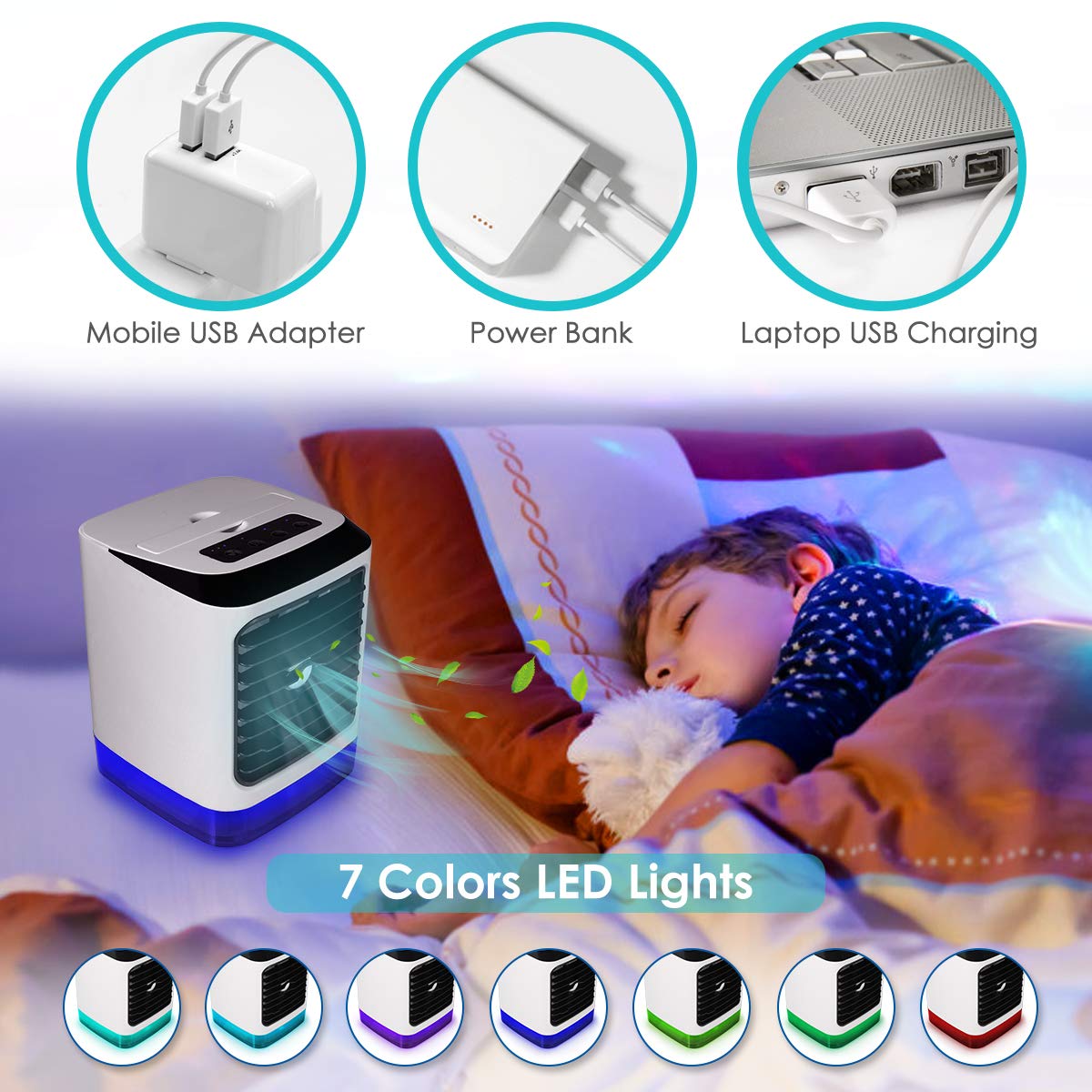 Sticque Portable Air Conditioner, Evaporative Personal Cooler Humidifier, 3 Speeds, 7 Colors LED Light, Freon Free Ice Fan with Handle, Misting Fast Cooling Desktop for Room, Office, Study