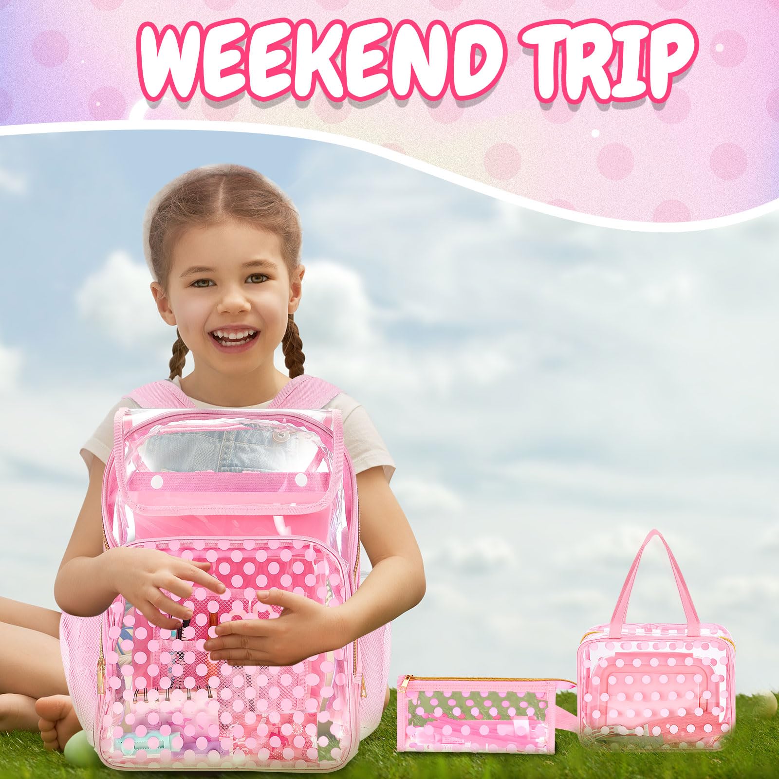 Sanwuta 3 Pcs Clear Backpack for Girls Pink Dots See Through Transparent Backpack Set Heavy Duty School Stadium Approved Book Bag with Lunch Pouch and Pencil Pouch for Kids Girls Boys