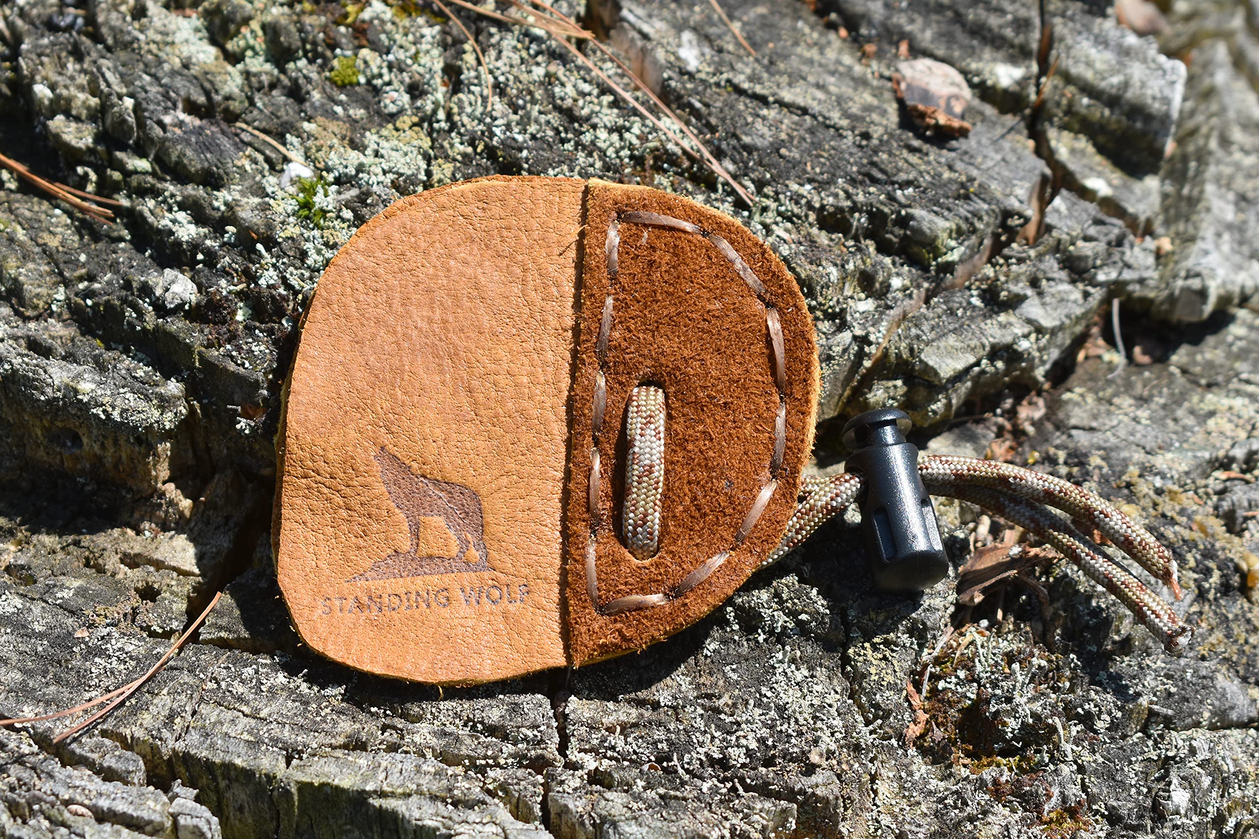 Standing Wolf Traditional Moose Leather Finger Tab for Archery (3 Under Light Brown) | Traditional Style Archery Tab Finger Protector | Handmade Archery Tabs for Hunting & Target Practice