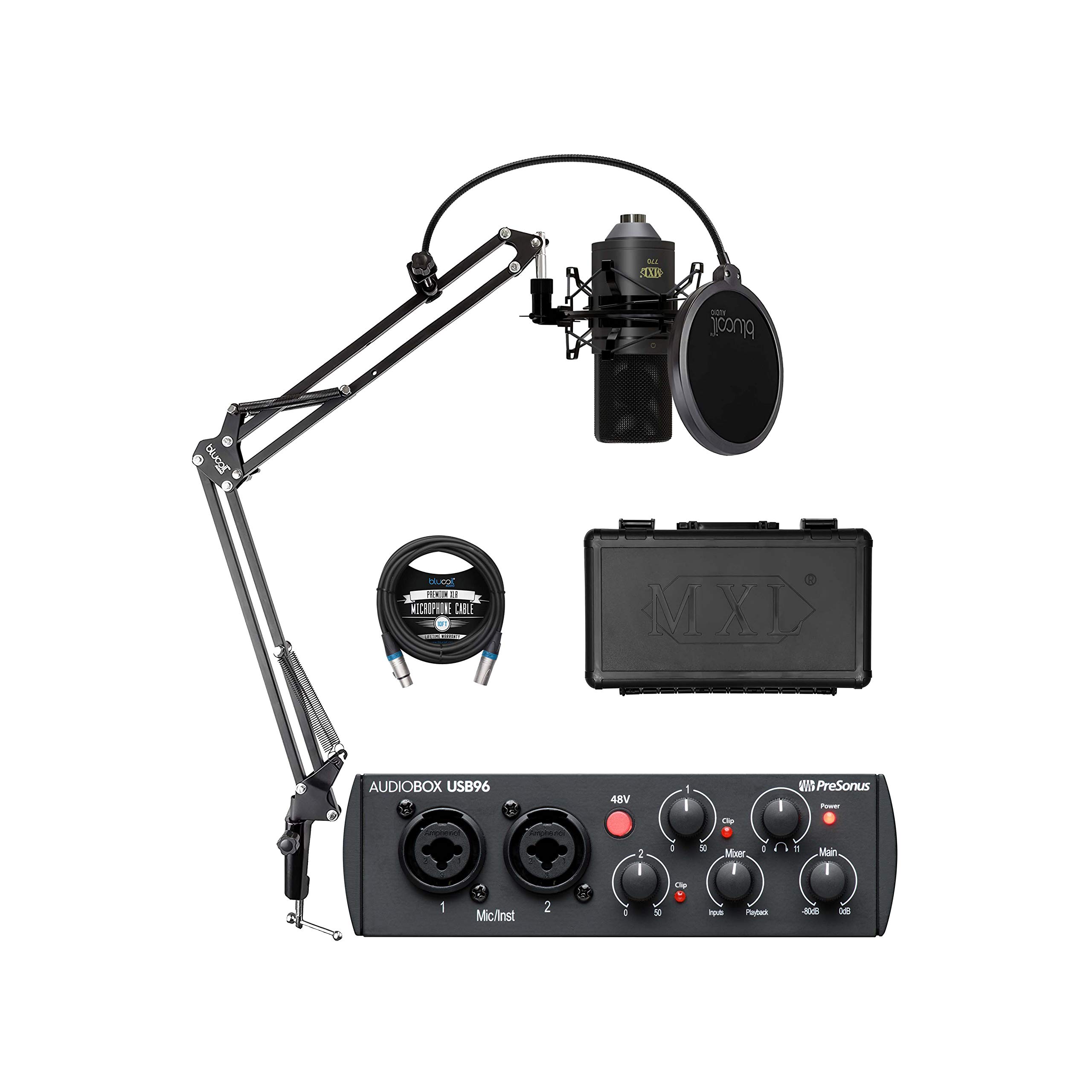 PreSonus AudioBox USB 96 Audio Interface 25th Anniversary Edition for Mac and Windows Bundle with MXL 770 Cardioid Condenser Microphone, Blucoil Boom Arm Plus Pop Filter, and 10-FT Balanced XLR Cable